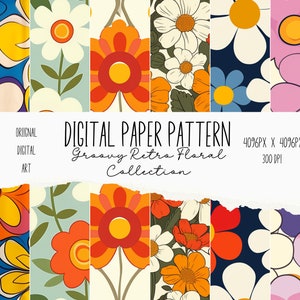 Retro Floral Digital Paper Set, Retro 70s Wildflowers Pattern, 70s ...