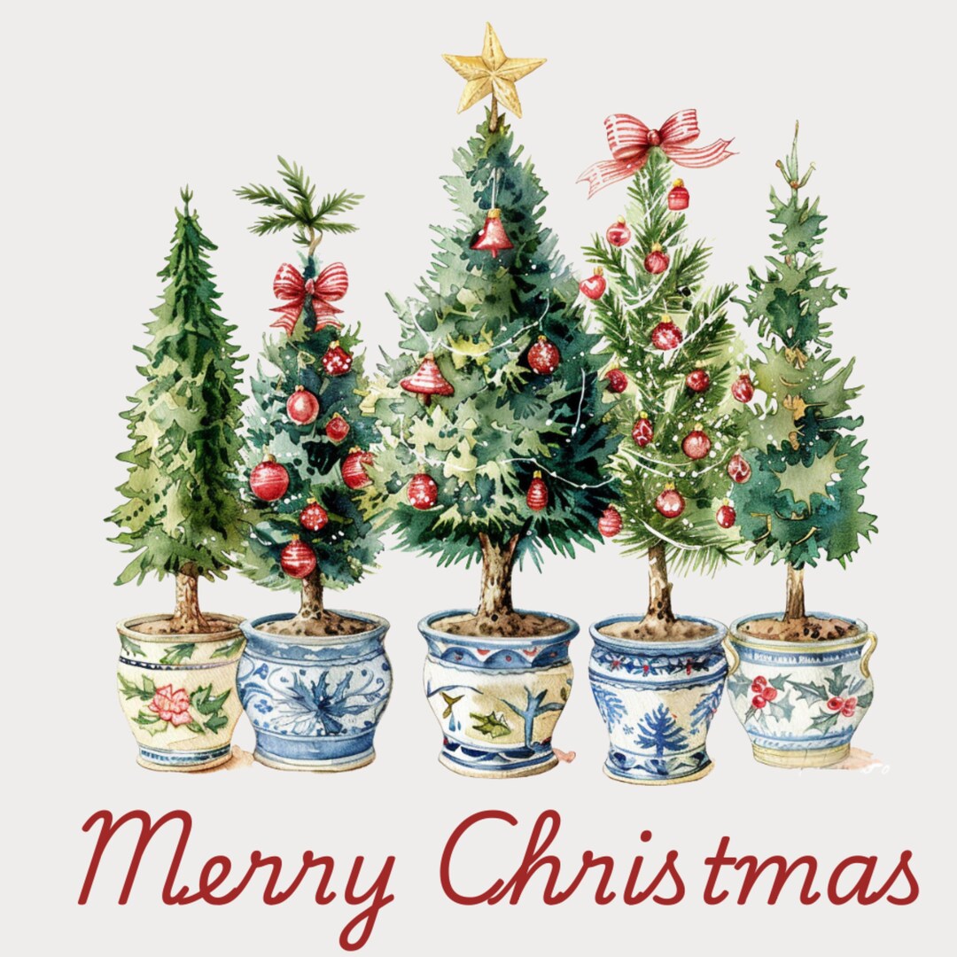 Chinoiserie Christmas Trees PNG, Merry Christmas Preppy Christmas Card ...