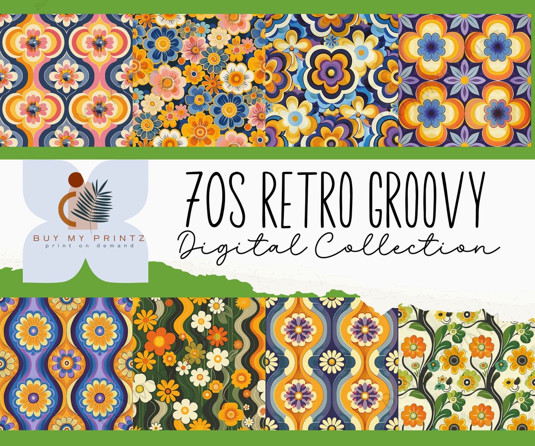Retro Groovy 2 Pattern Digital Paper Set, Retro 70s Hippie Pattern, 70s ...