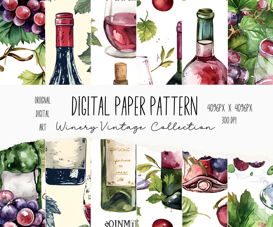 Vintage Winery Digital Paper Set, Grapevines Pattern, Vineyard Pattern ...