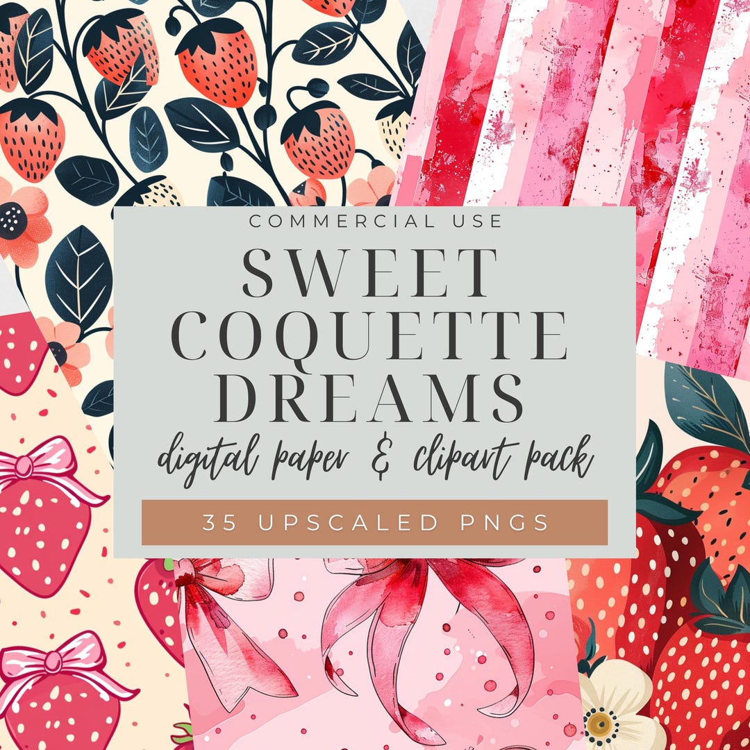 Strawberry Clipart and Coquette Bow Seamless Pattern Set Coquette ...