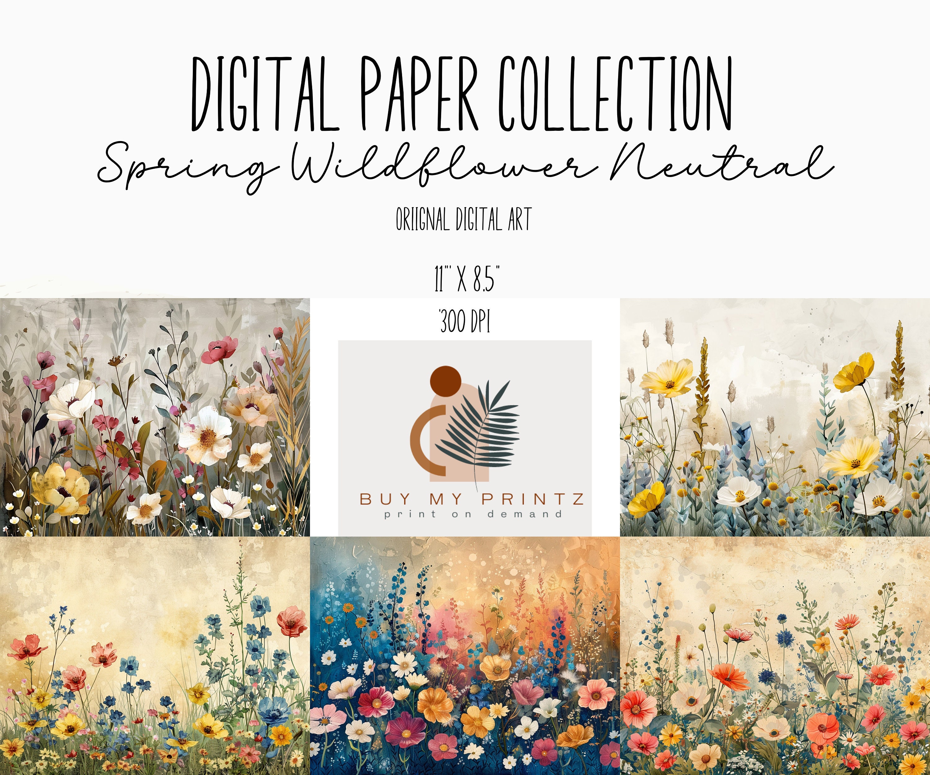 Spring Wildflower Neutral Digital Papers, 24 Spring Textured ...