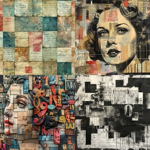 Vintage Typography Collage Papers, 10 Grunge Style PNG Printable, CU ...