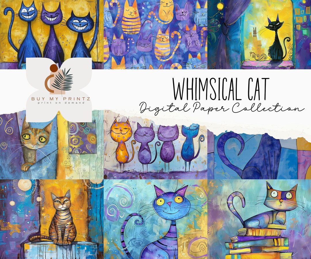 Whimsical Cats Digital Paper for Junk Journal, Full Page PNG Downloads ...