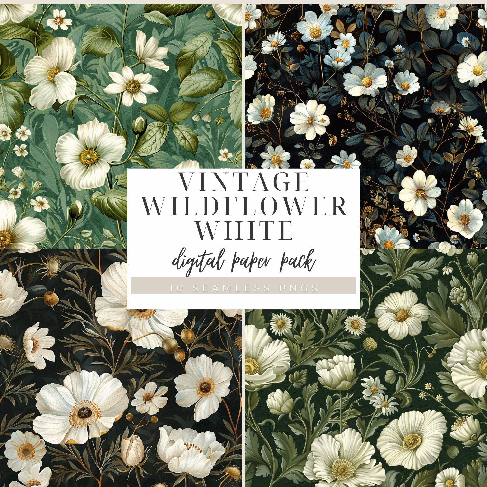 Classic White Floral Printable Paper Retro Garden Floral Digital Pack ...