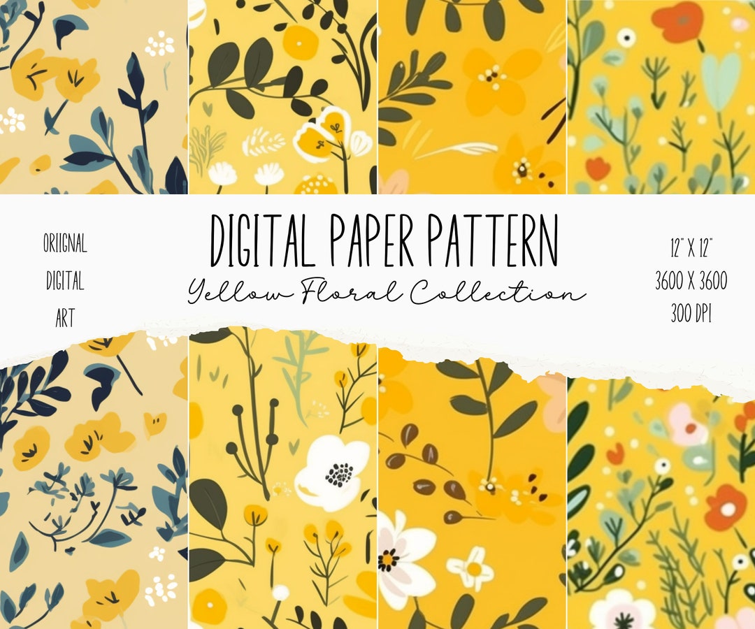 Floral Pattern Digital Paper Set, 12 X 12 Floral Pattern, Yellow Floral ...