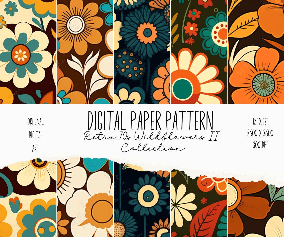 Retro 70s Wildflowers II Digital Paper Set Retro Flowers - Etsy