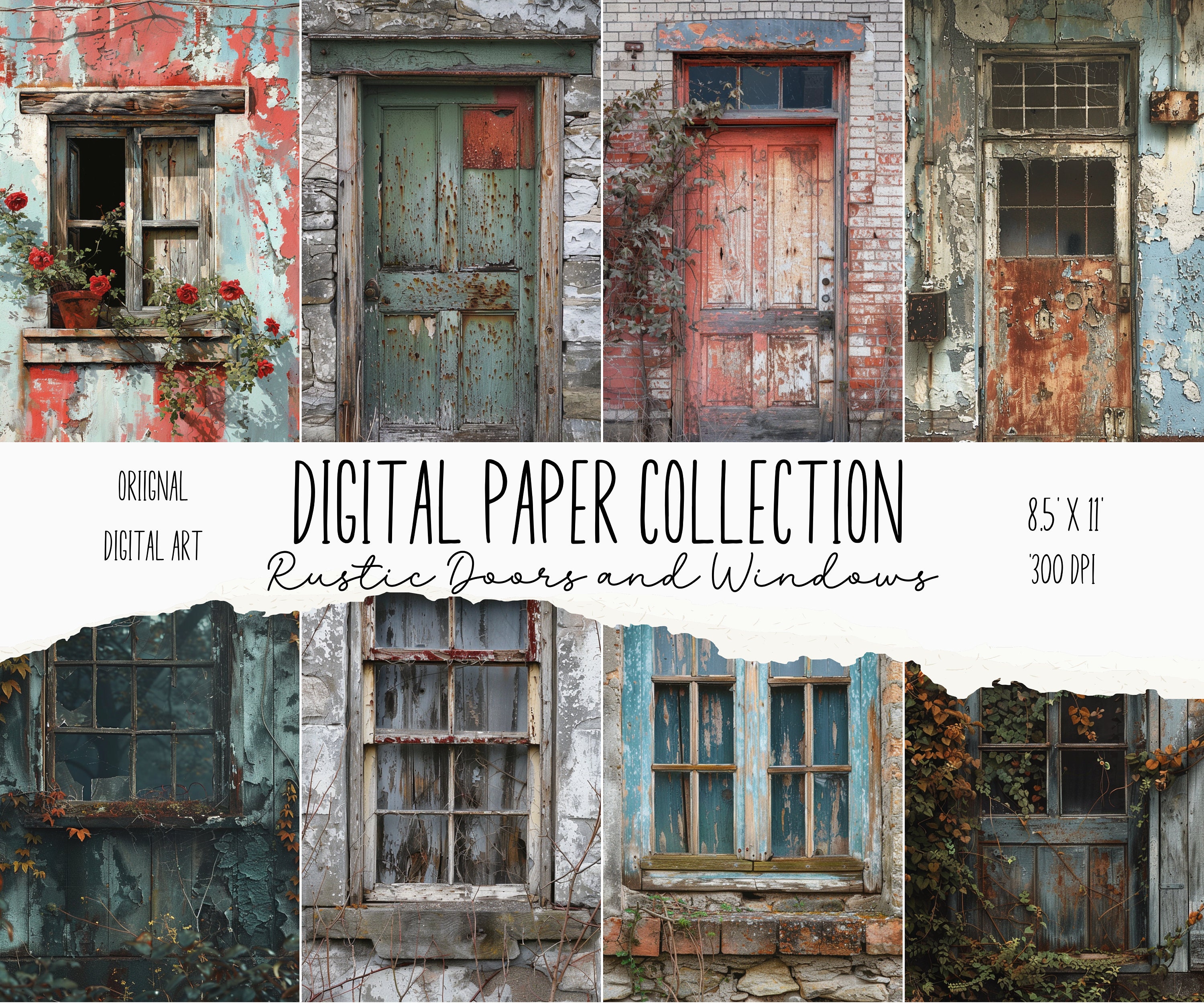 Rustic Doors and Windows Background Papers Vintage Window Digital Print ...