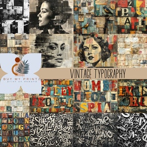 Vintage Typography Collage Papers, 10 Grunge Style PNG Printable, CU ...