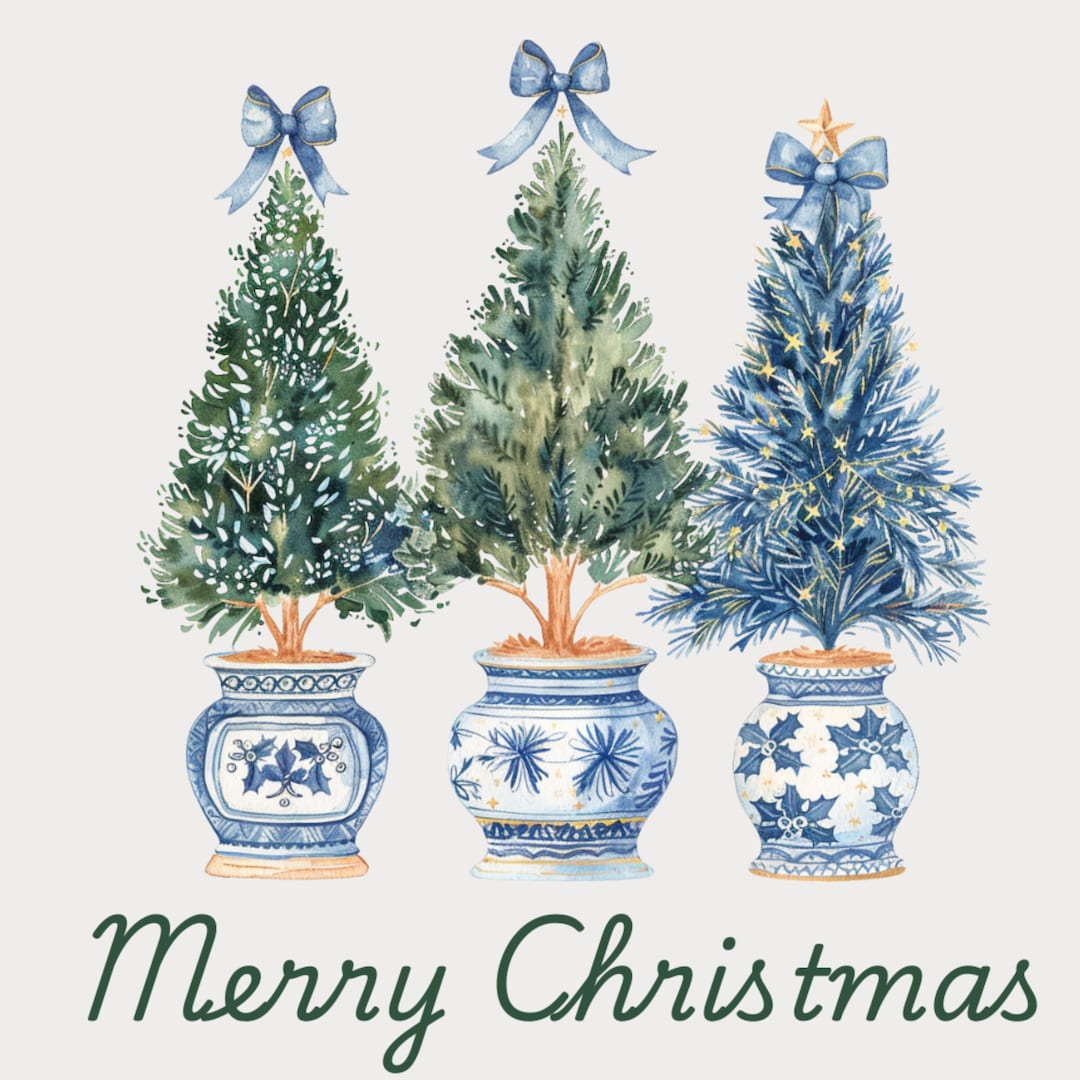 Chinoiserie Christmas Trees PNG, Merry Christmas Preppy Christmas Card ...