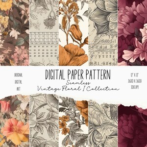 Vintage Floral Digital Paper Set, Vintage Flowers Pattern, Shabby Chic ...