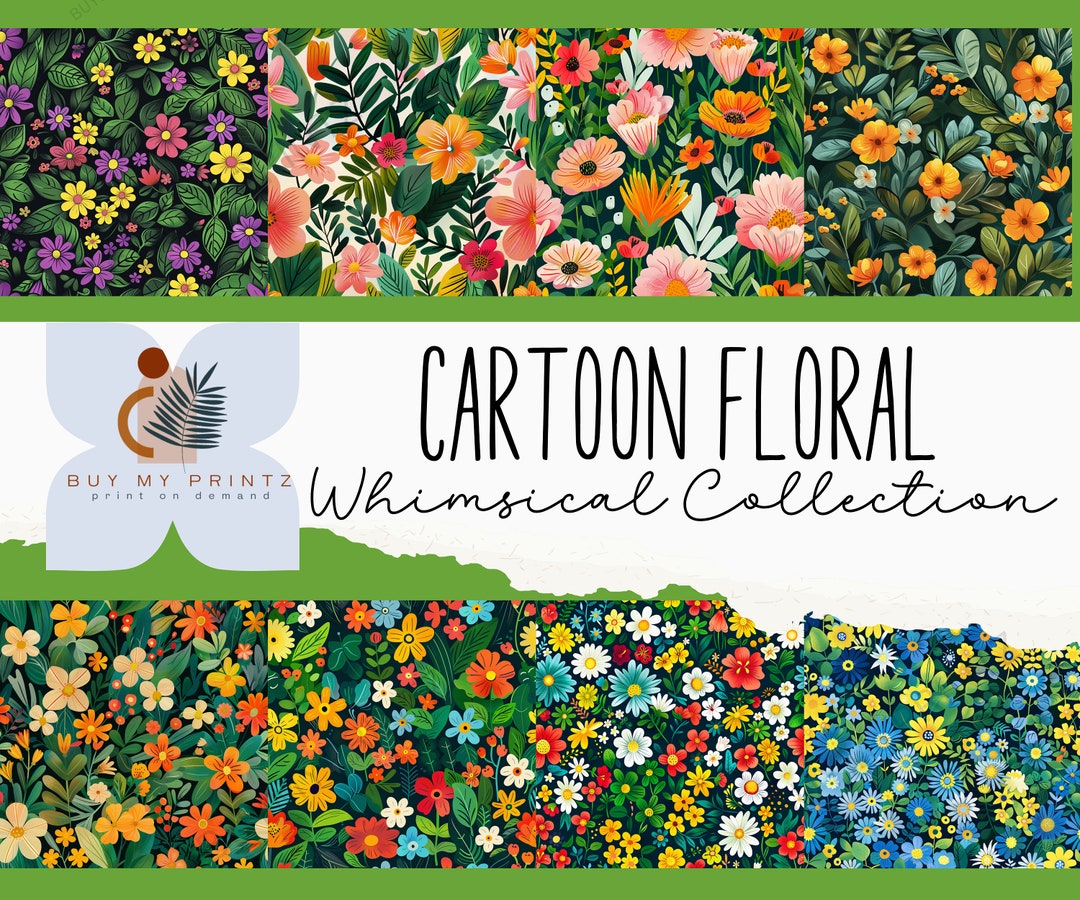 Whimsical Cartoonish Floral Seamless Patterns, Floral Digital Paper ...