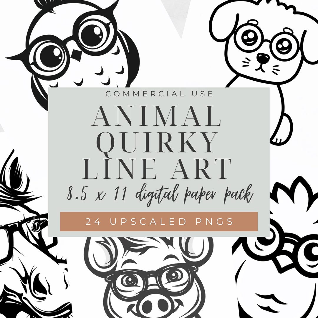 Quirky Animal Line Art PNG Whimsical Farm Animal Digital Paper ...