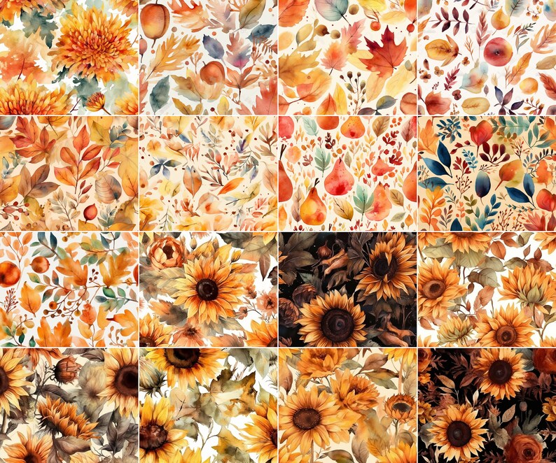 32 Fall Watercolor Digital Paper Set Fall Flowers Pattern - Etsy