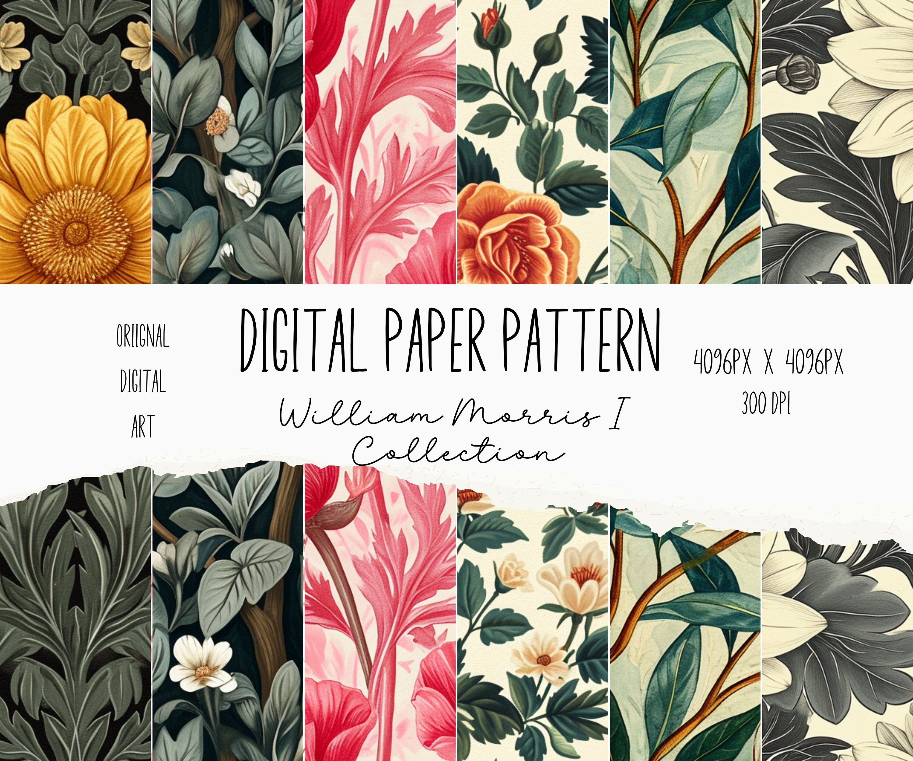 William Morris Inspired Digital Paper, Printable Decoupage, Decorative ...