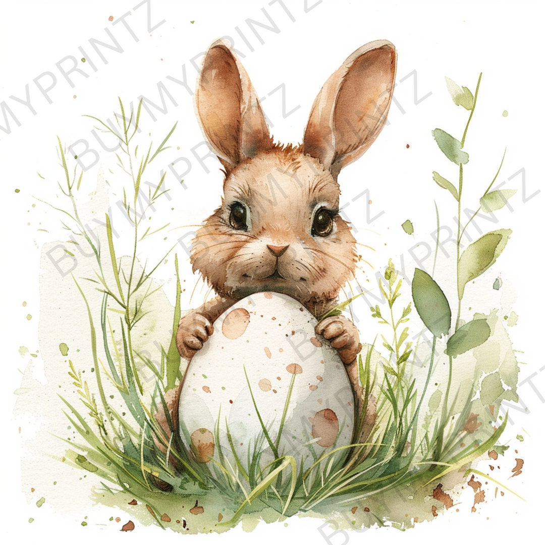 Easter Bunny and Egg Watercolor Clipart, Printable File, 12 High ...