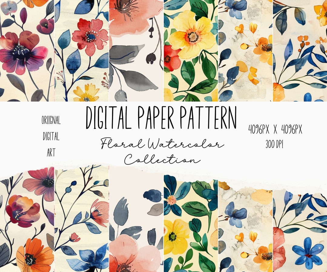Floral Digital Paper for Scrapbook, Watercolor Flowers, Junk Journal ...