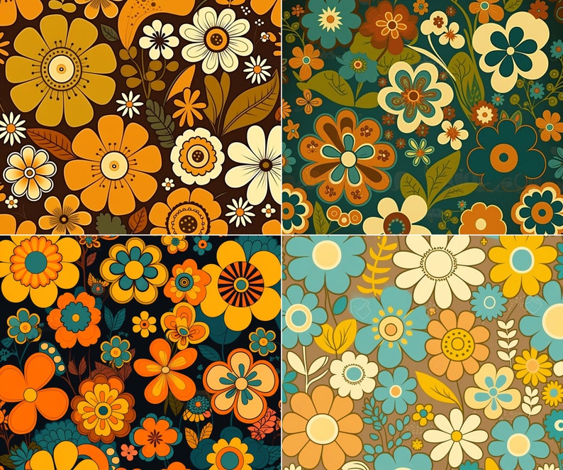 Retro 70s Wildflowers II Digital Paper Set Retro Flowers - Etsy