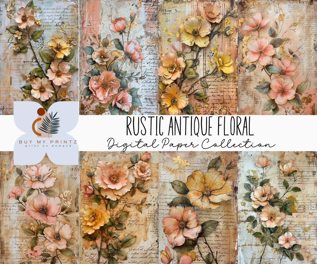 Rustic Antique Floral Junk Journal Background Papers, Whimsical Digital ...