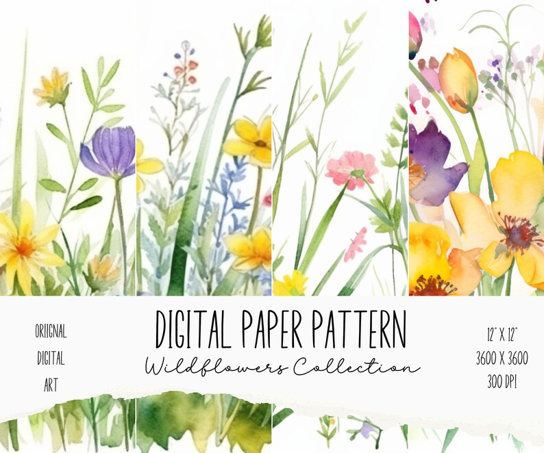 Wildflower Digital Paper Set, Watercolor Flowers Pattern, Wildflower ...