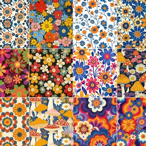 Retro Floral Digital Paper Set, Retro 70s Wildflowers Pattern, 70s ...