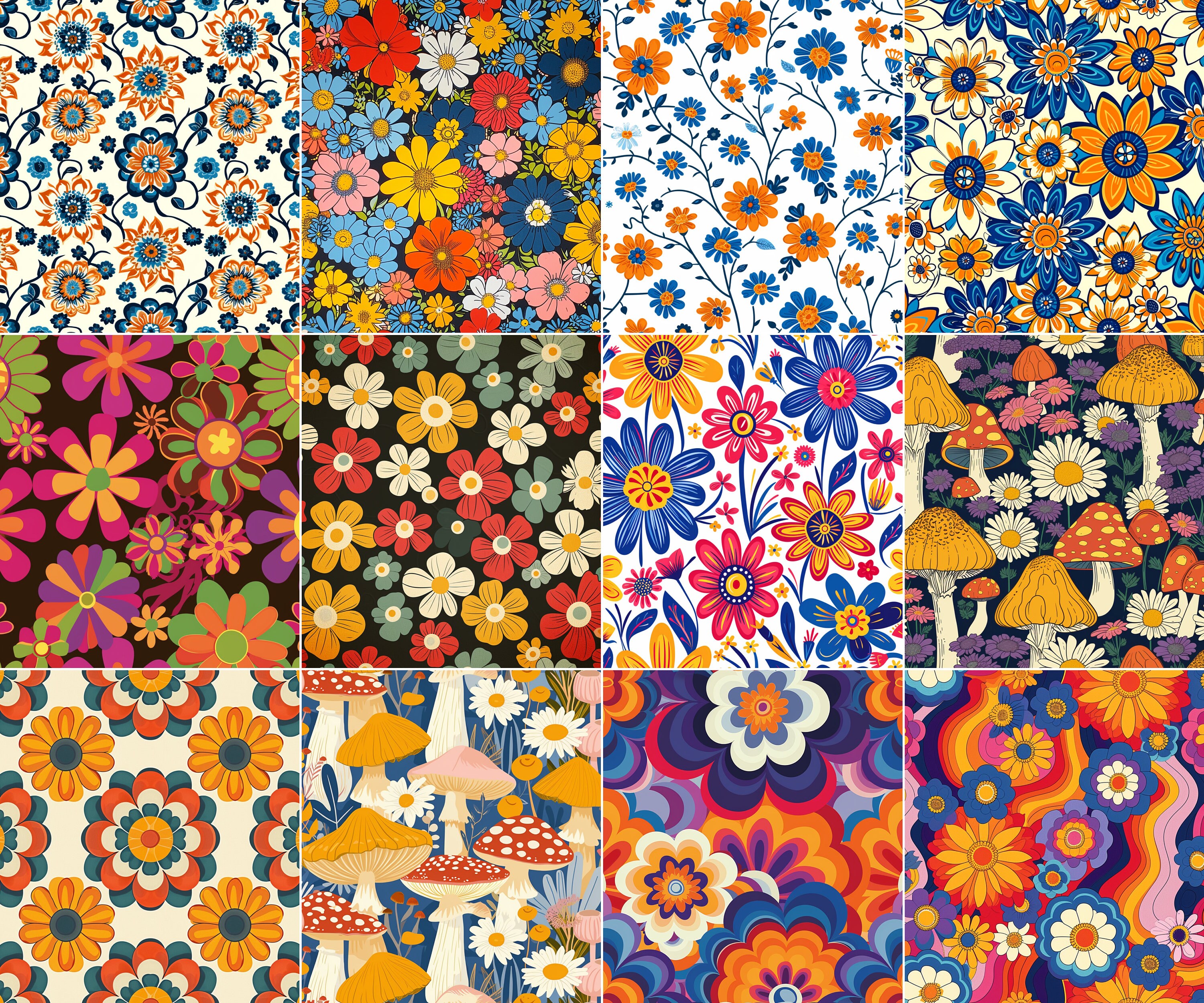 Retro Floral Digital Paper Set, Retro 70s Wildflowers Pattern, 70s ...