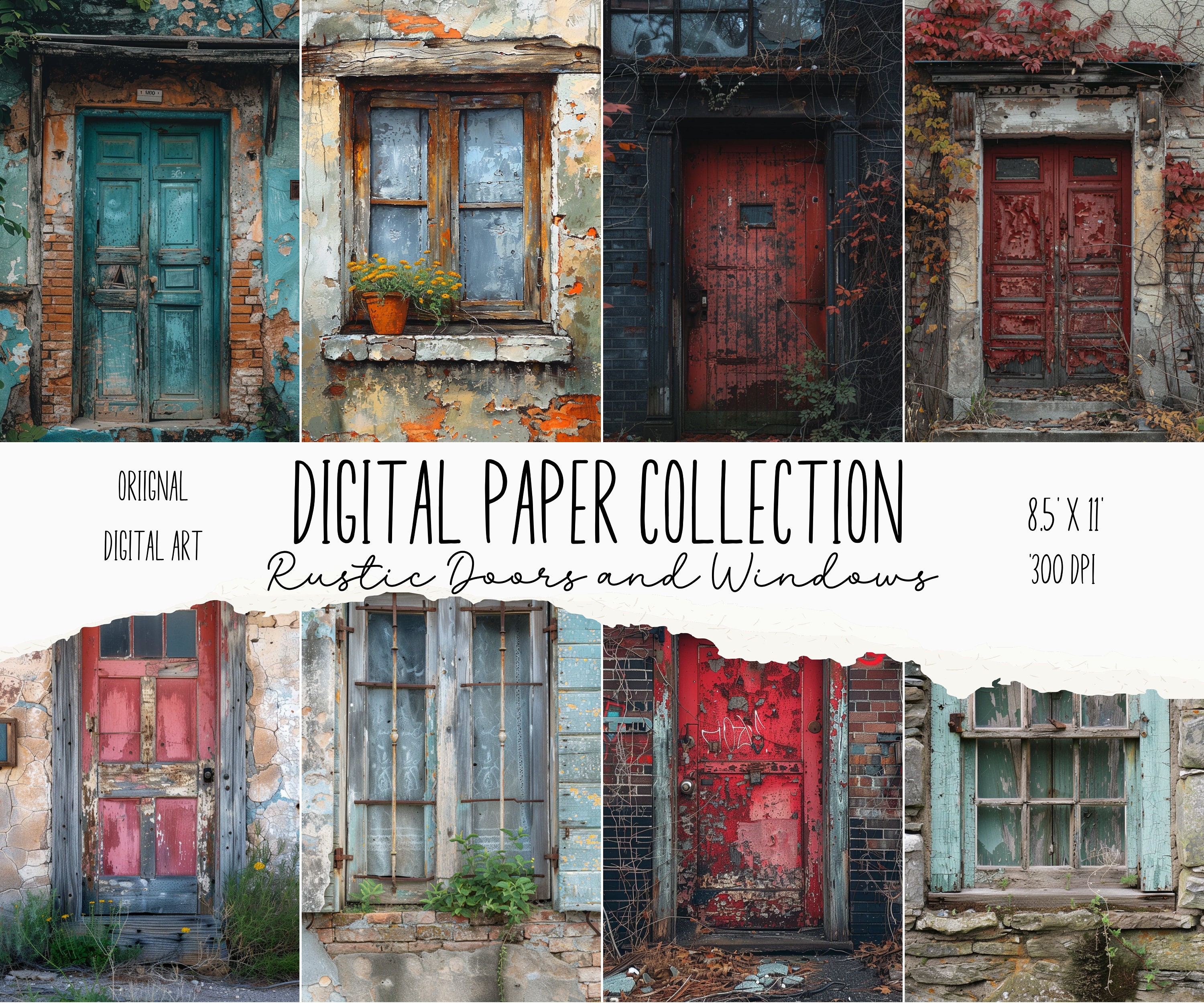 Rustic Doors and Windows Background Papers Vintage Window Digital Print ...