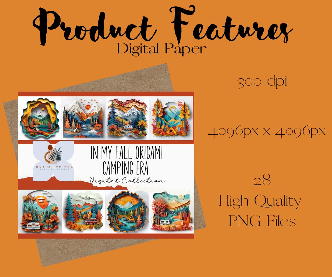 28 Fall Origami Camping Digital Papers, Autumn Downloadable PNG Set ...