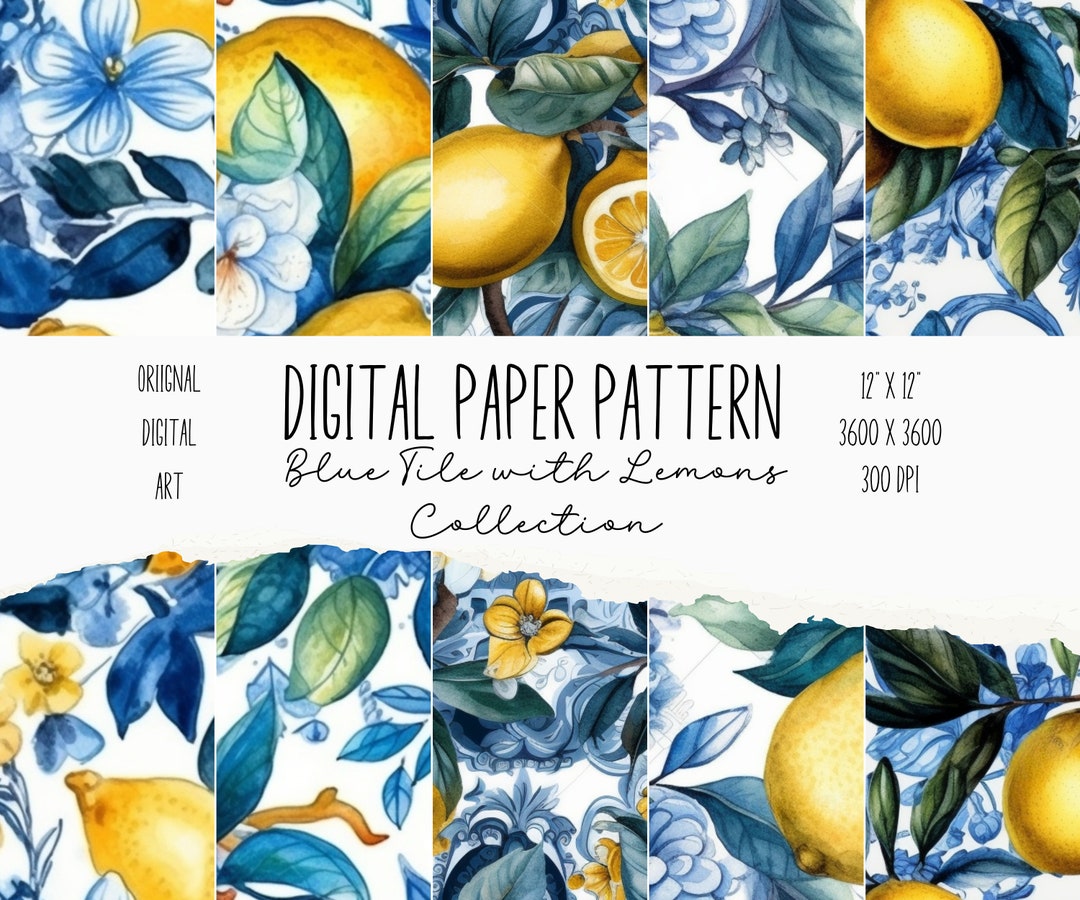 Blue Tile and Lemons Digital Scrapbook Paper and Clip Art, Portuguese ...