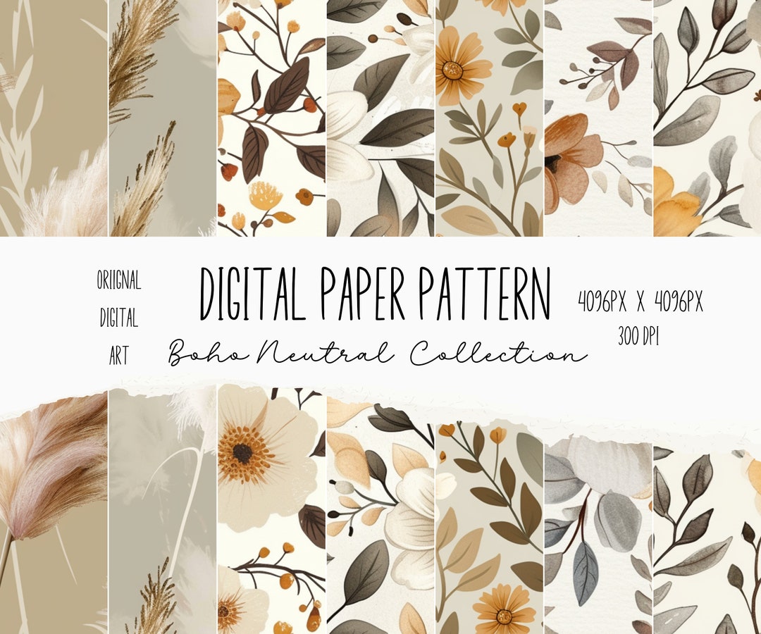 Neutral Boho Digital Paper Set, Beige Floral Pattern, Vintage Prints ...