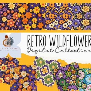 Retro 70s Wildflowers II Digital Paper Set, Retro Flowers Pattern ...