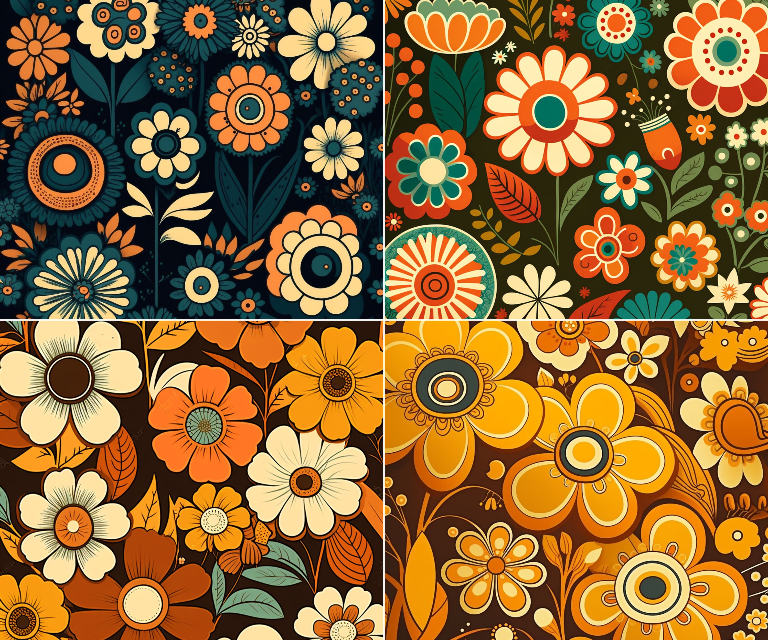 Retro 70s Wildflowers II Digital Paper Set Retro Flowers - Etsy
