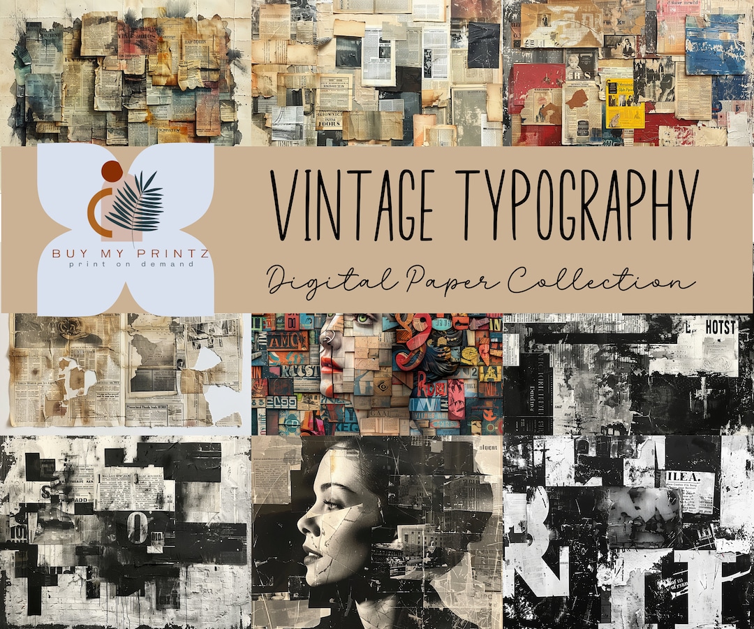 Vintage Typography Collage Papers, 10 Grunge Style PNG Printable, CU ...