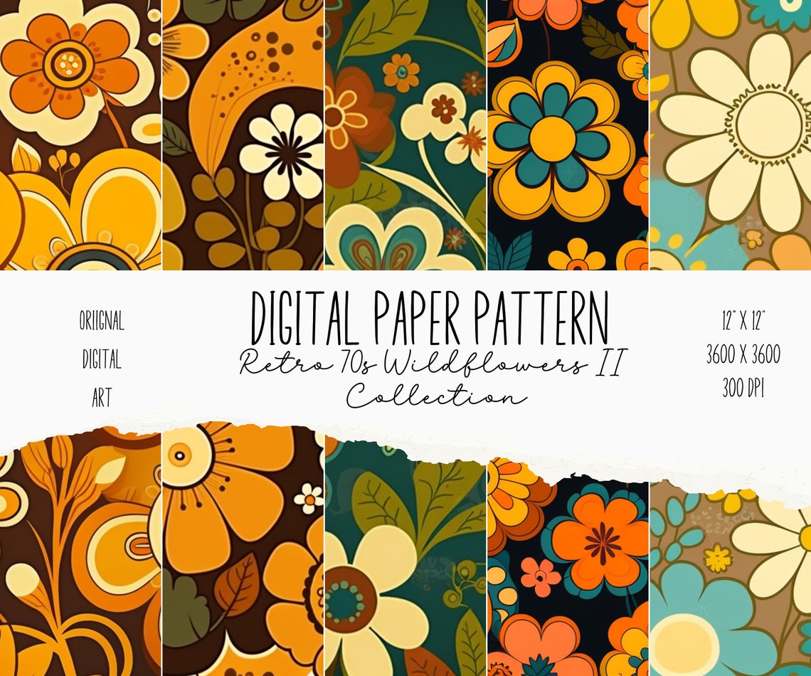Retro 70s Wildflowers II Digital Paper Set Retro Flowers - Etsy