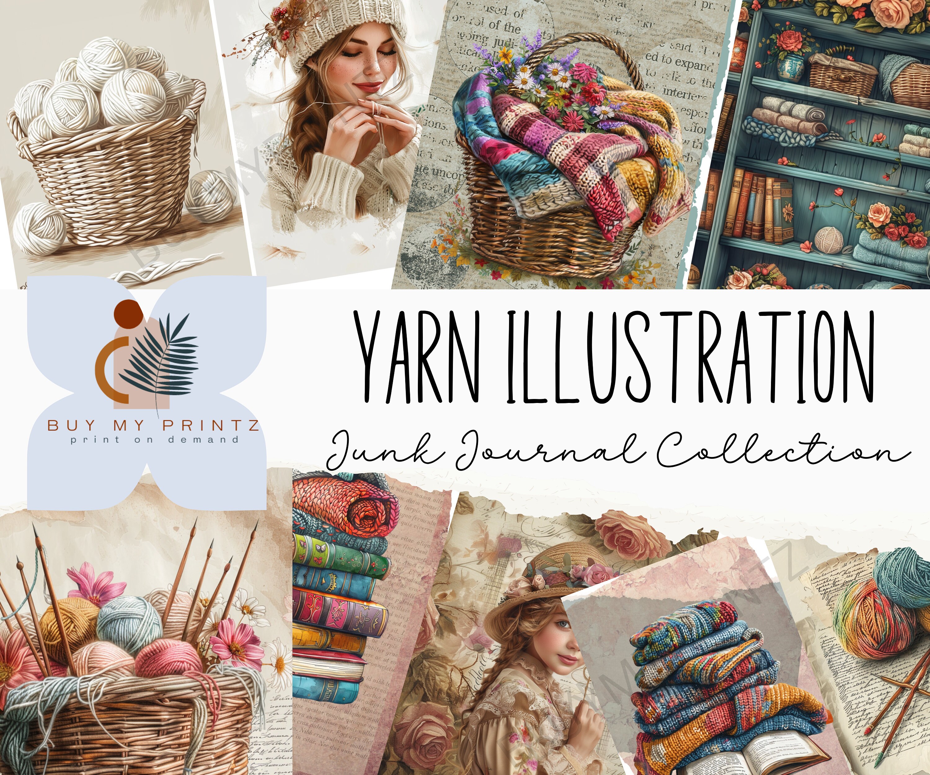 Knitting Illustrations Junk Journal Kit, Knitting Digital Scrapbook ...