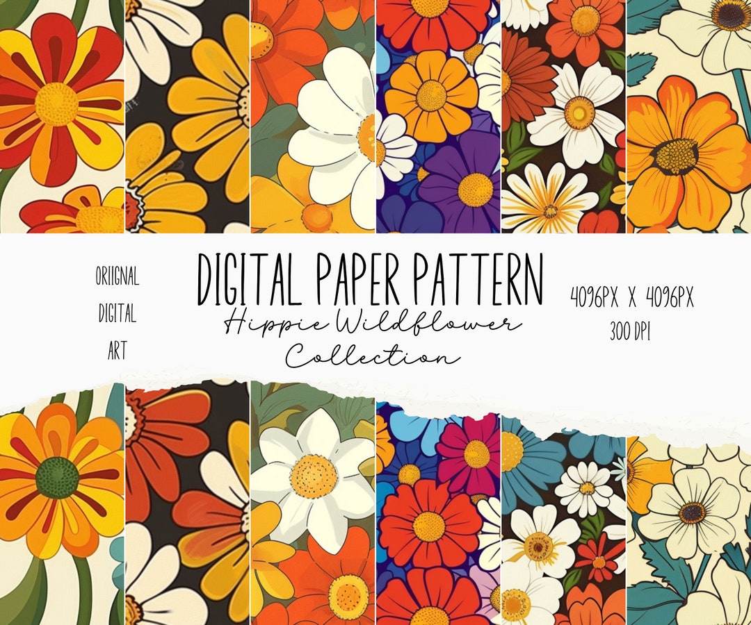 Hippie Wildflower Digital Paper Set, Retro 70s Hippie Pattern ...