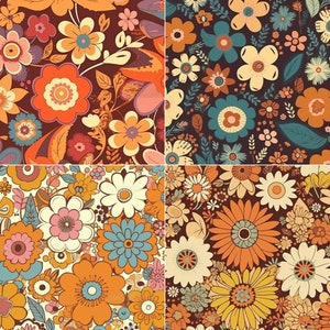 Retro Floral Digital Paper Set, Retro 70s Wildflowers Pattern, 70s ...
