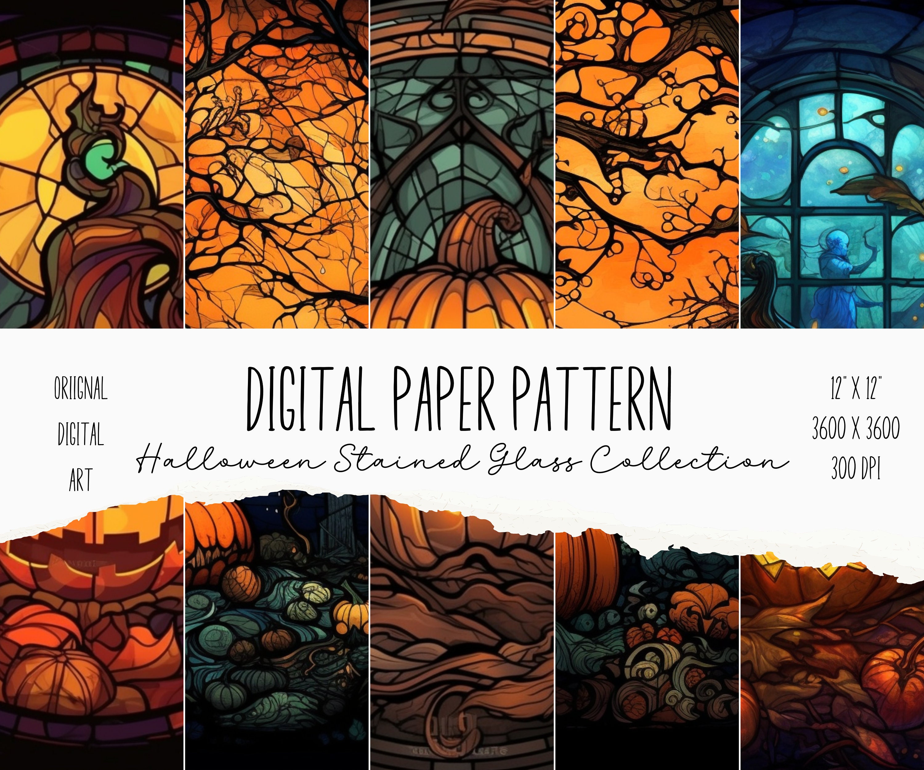 Halloween Stained Glass Digital Paper Set, Stained Glass Halloween ...