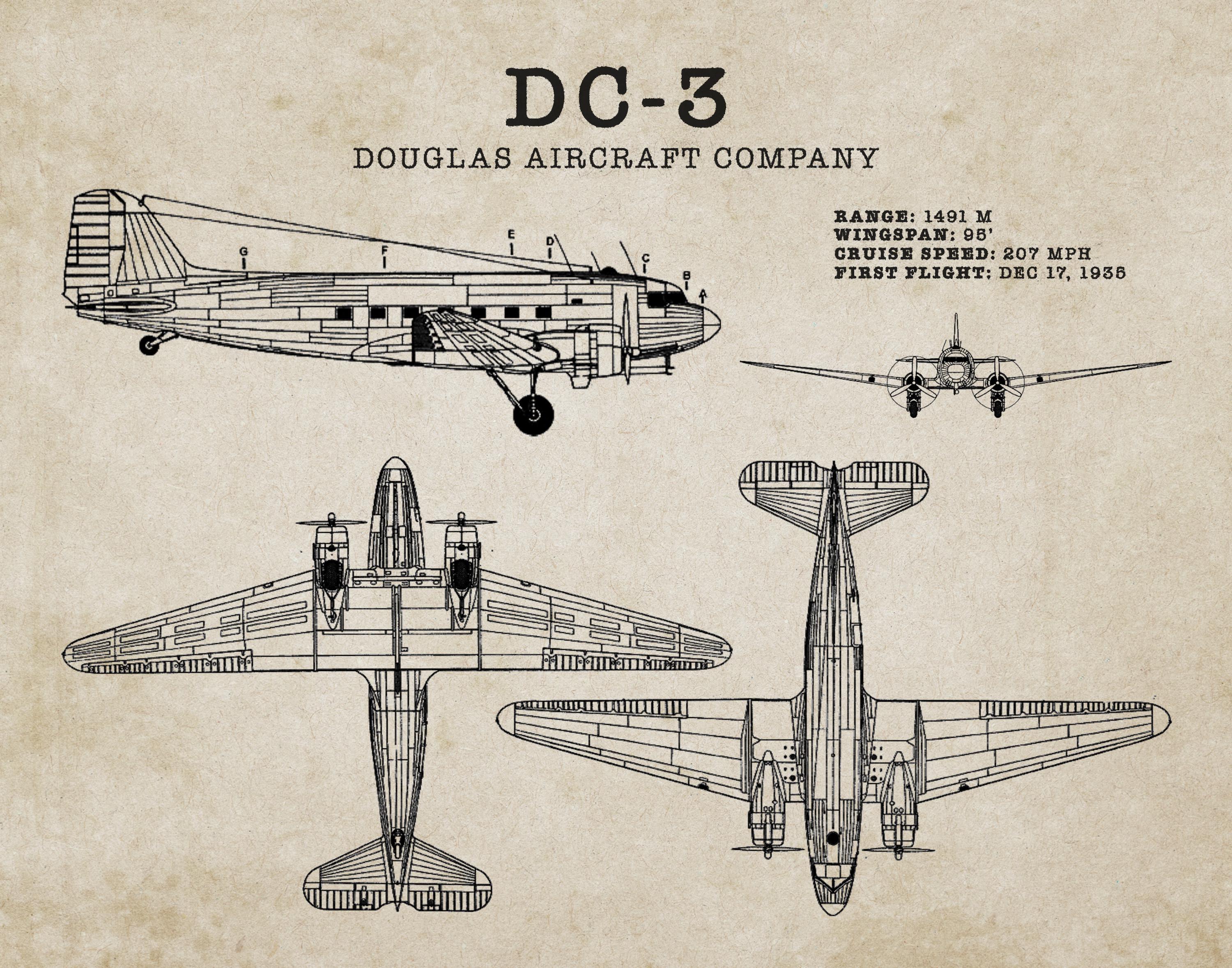 DC3 Patent Wall Art Print - 11"x14" UNFRAMED Aviation Gifts. Vintage ...
