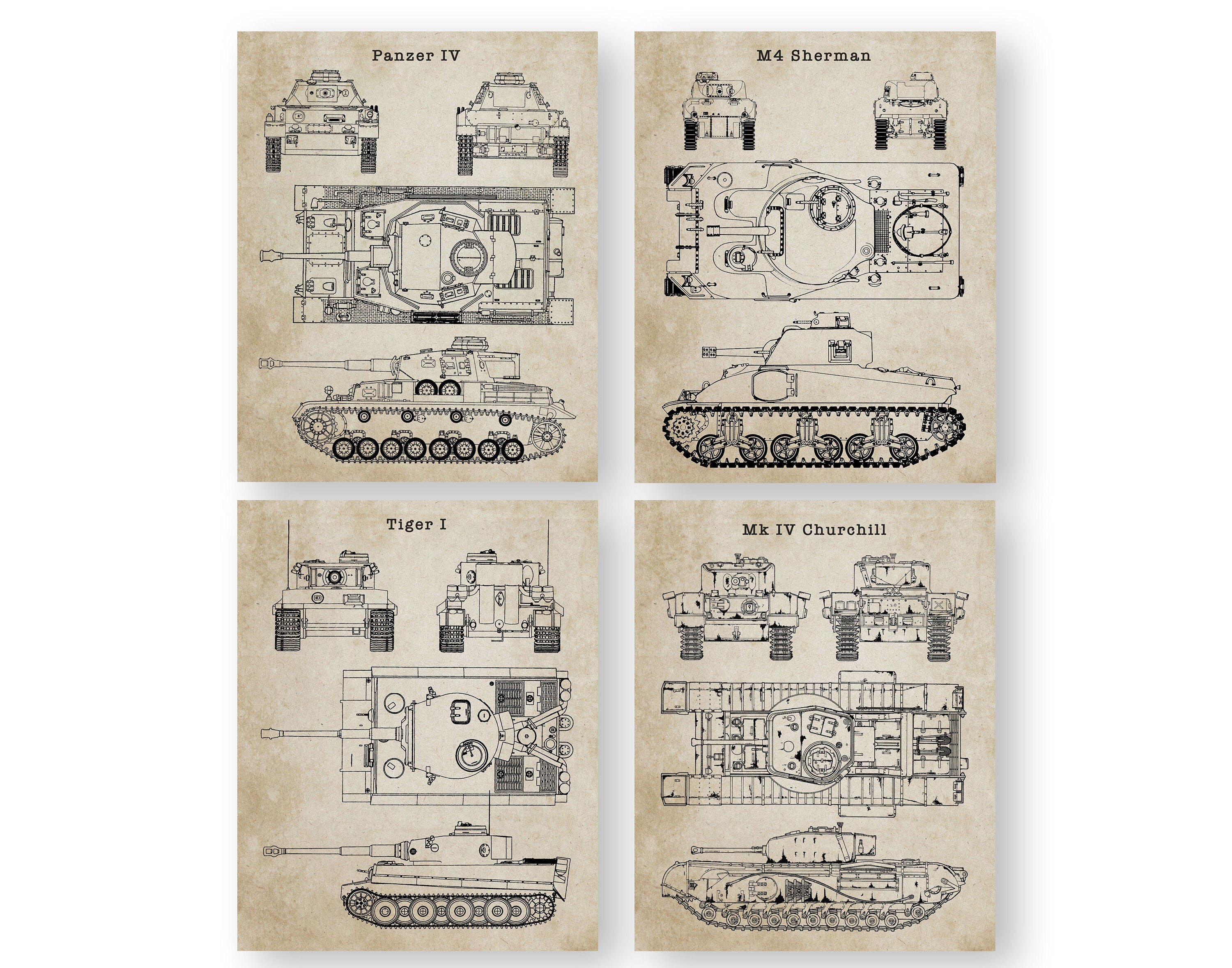 World War 2 Tanks Wall Art Print set of 4 8x10 UNFRAMED WW2 Themed US ...