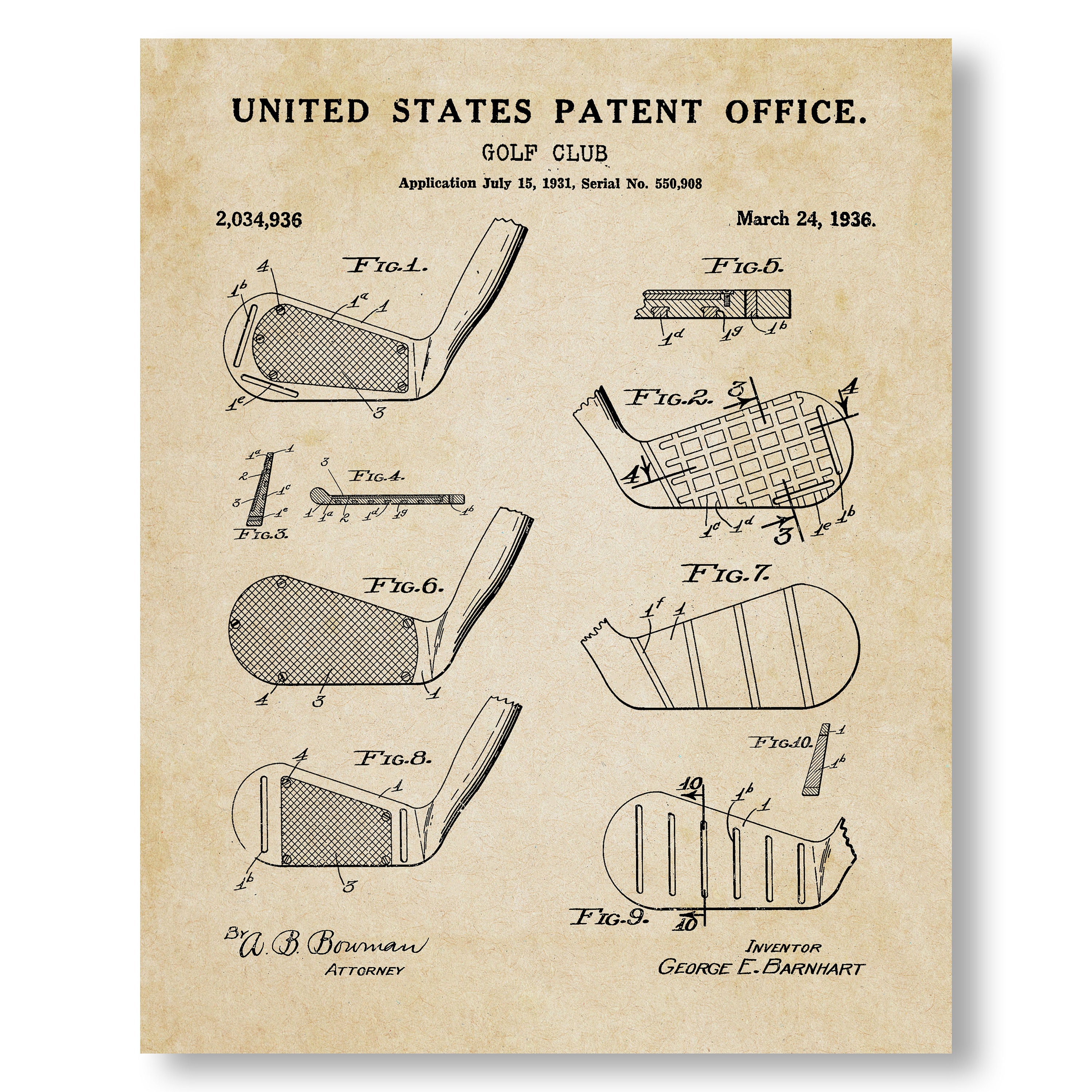 Golf Patent Prints Wall Art Set of 4 8x10 UNFRAMED Prints Vintage Home ...