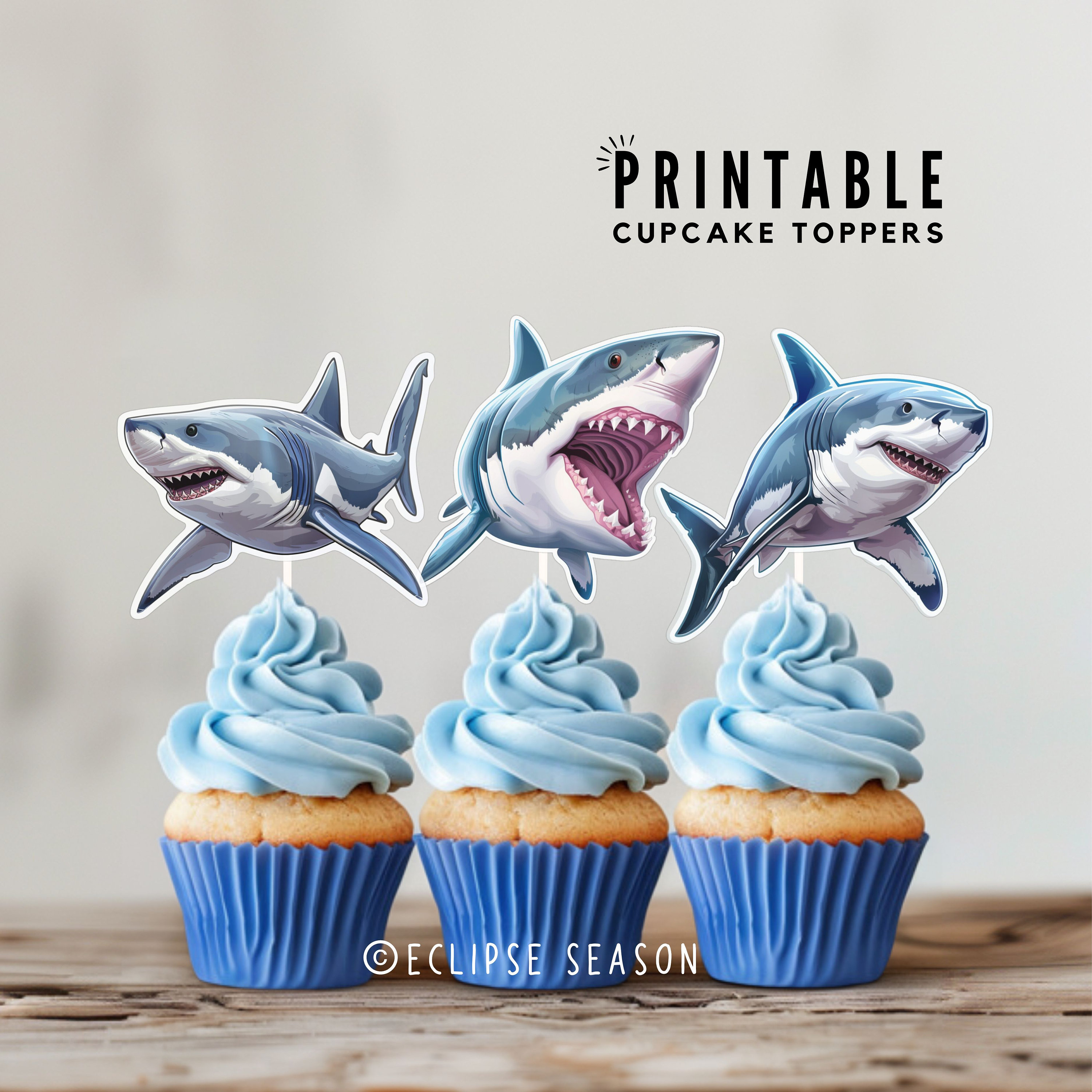 Shark Cupcake Toppers PRINTABLE Cake Topper Great White Shark Boys ...