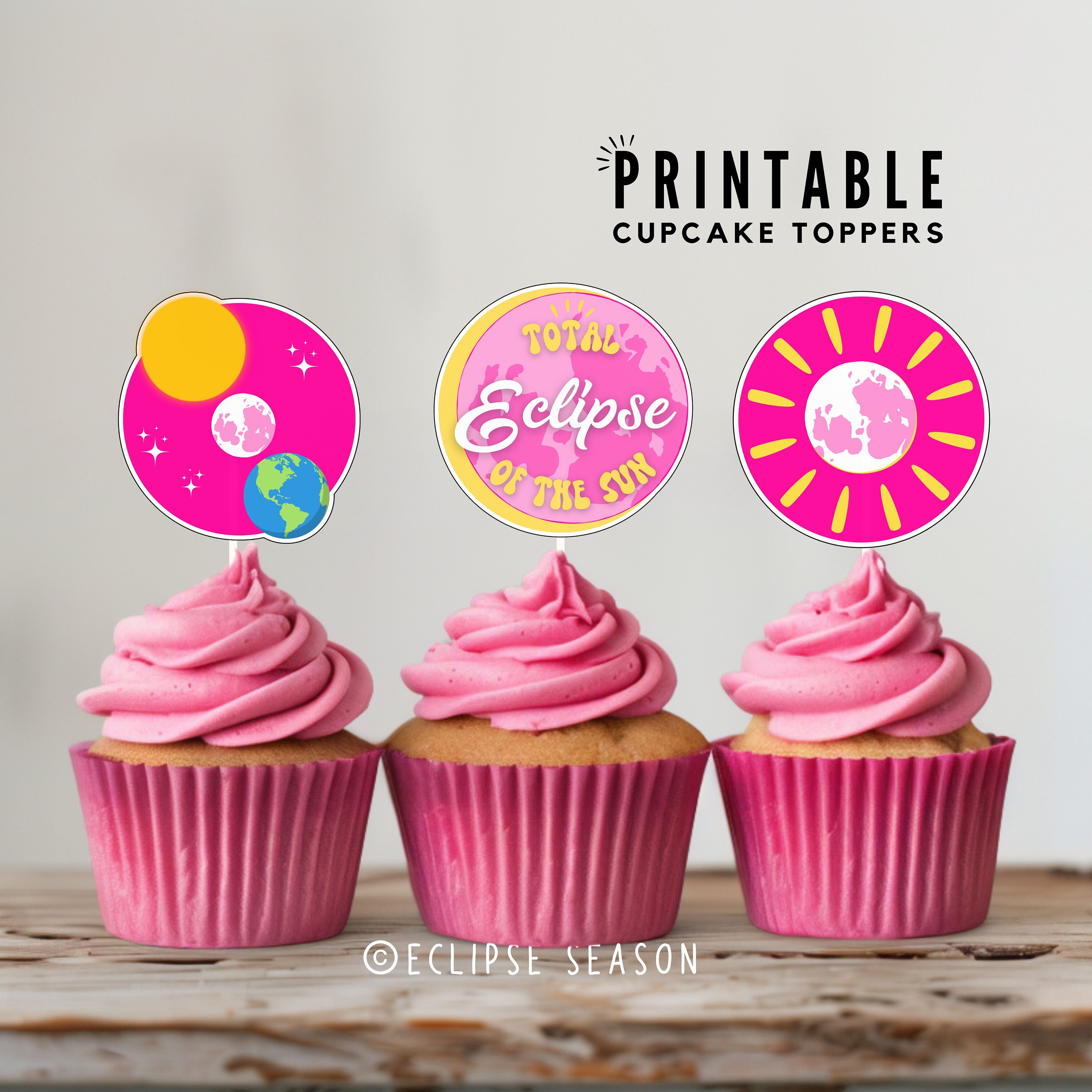 Eclipse Party PRINTABLE Cake Toppers, Pink Total Solar Eclipse Cupcake ...