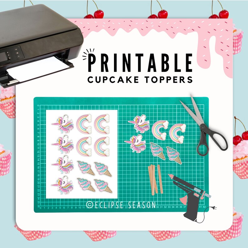 Unicorn Cupcake Topper PRINTABLE Girl Birthday Cake Topper Rainbow Ice ...