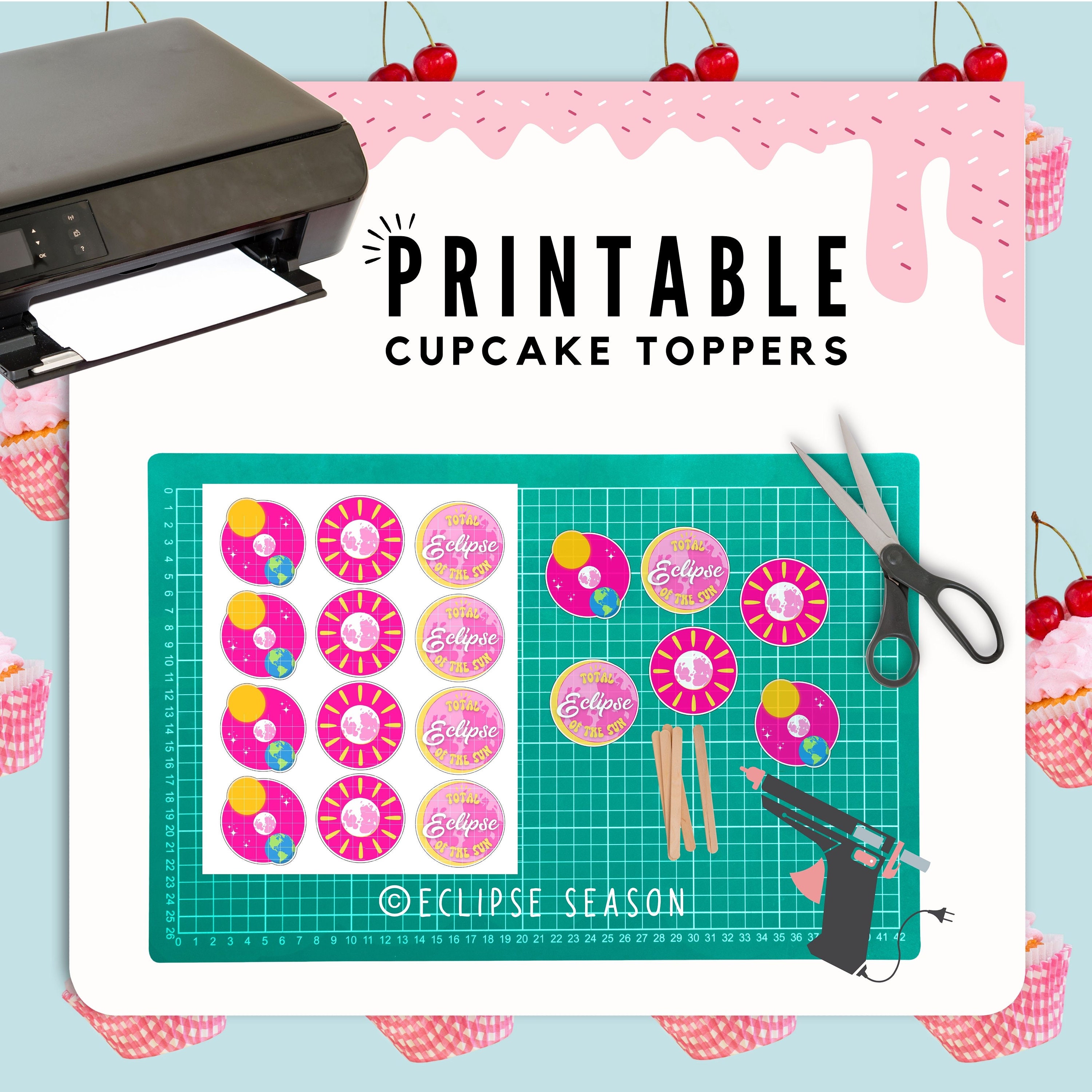 Eclipse Party PRINTABLE Cake Toppers, Pink Total Solar Eclipse Cupcake ...