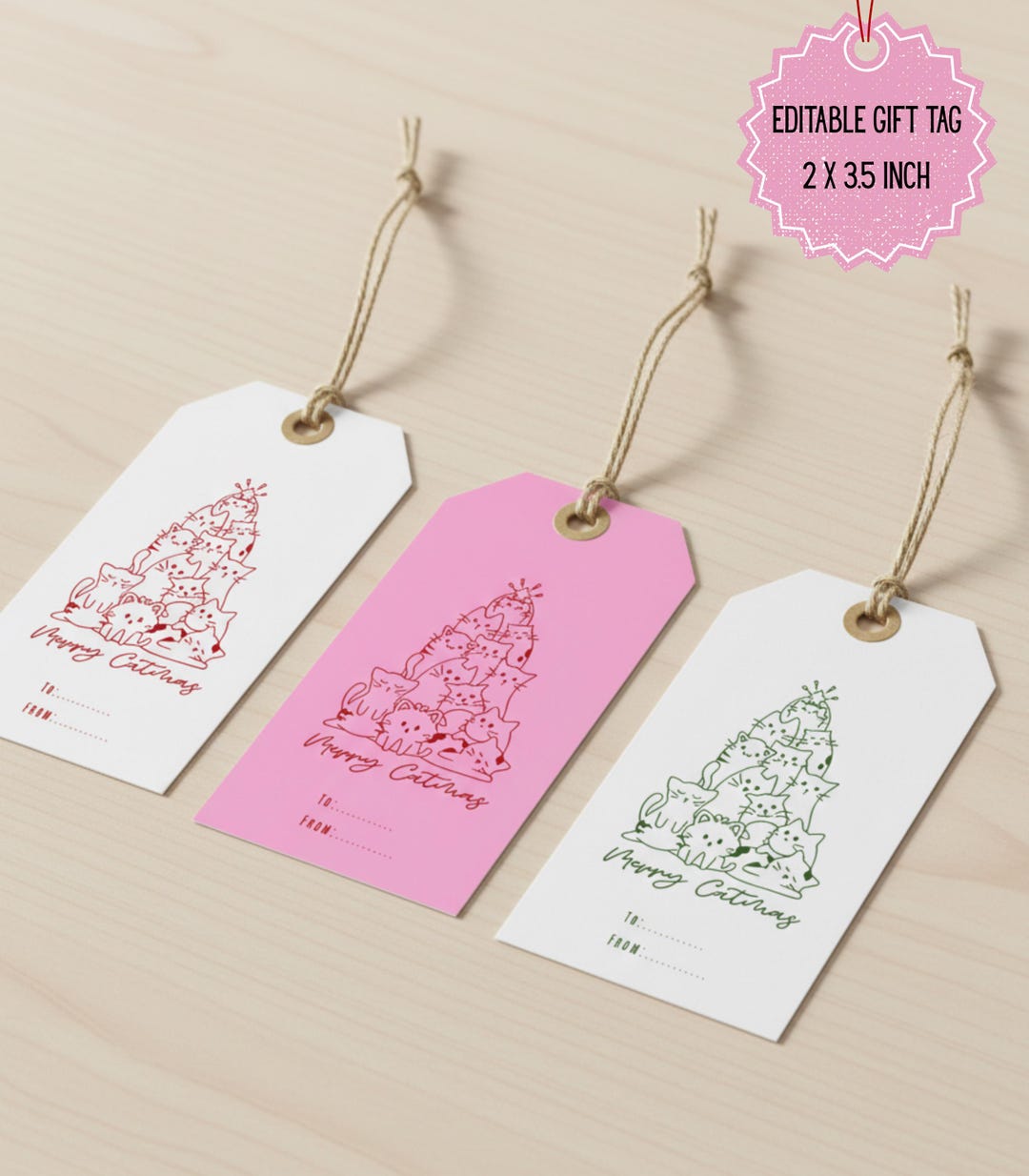 Editable Christmas Gift Tag Set | 3 Colors Printable Tags | Cute Cat ...