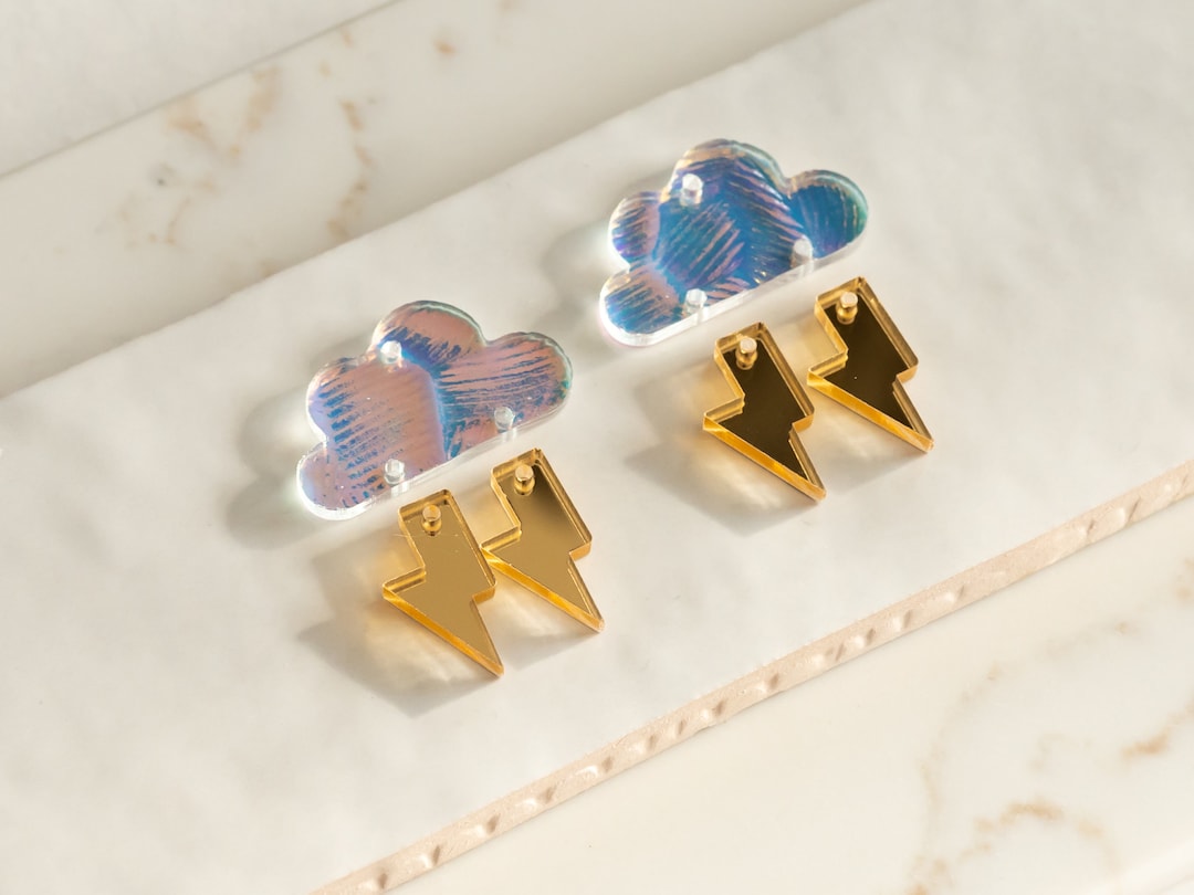 Cloud and Lightning Bolt Earring Blanks Cutout, Iridescent and Gold Dangle Earring Jewelry ...