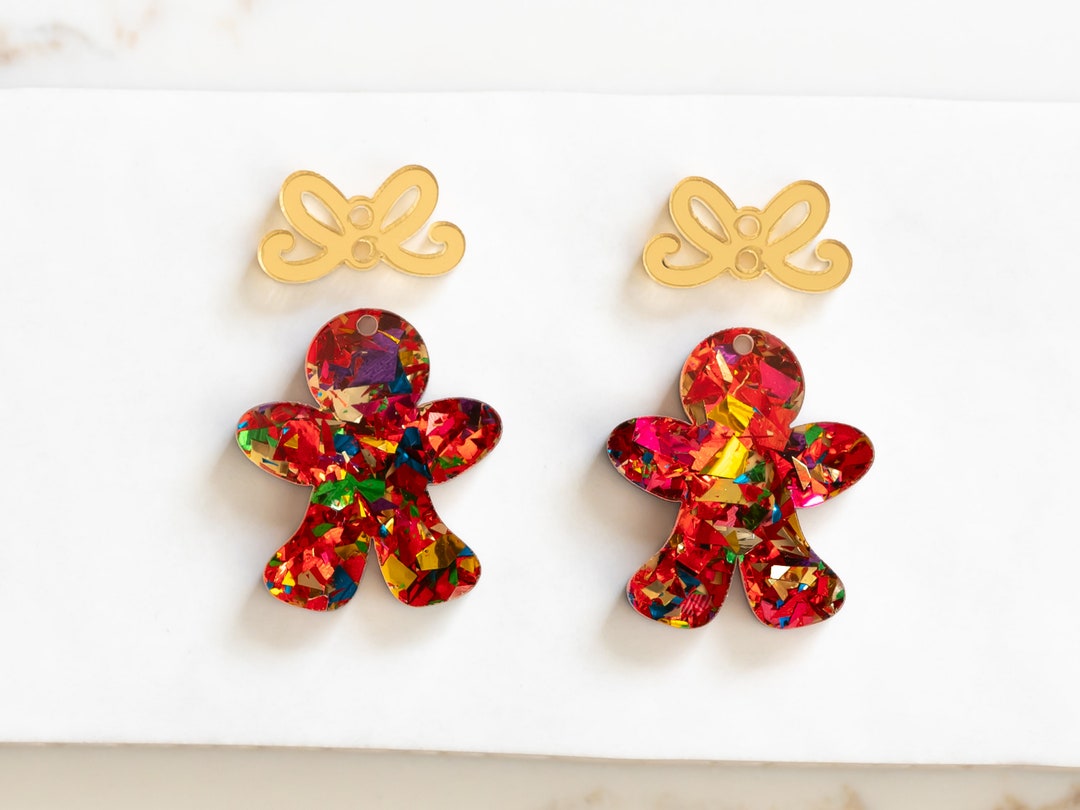 Festive Glitter Gingerbread Man With Bow Acrylic Earring Blanks Cutout ...