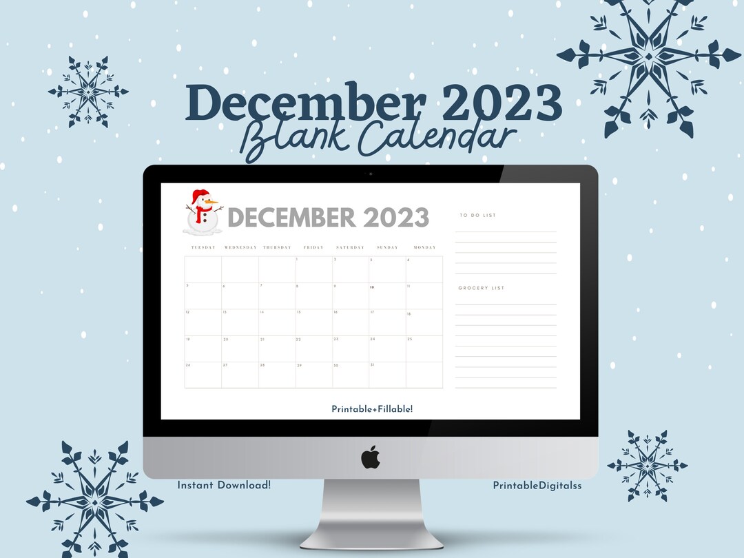 December 2023 Blank Calendar - Printable+fillable - Etsy