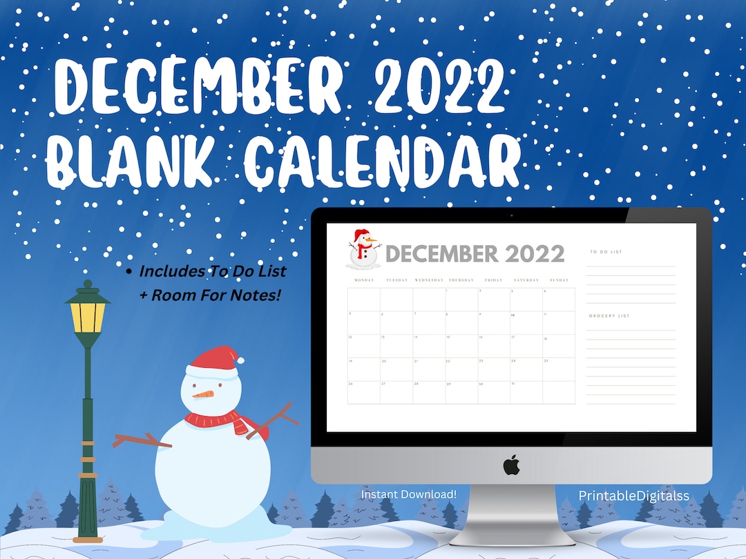 December 2022 Blank Calendar - Printable+fillable - Etsy